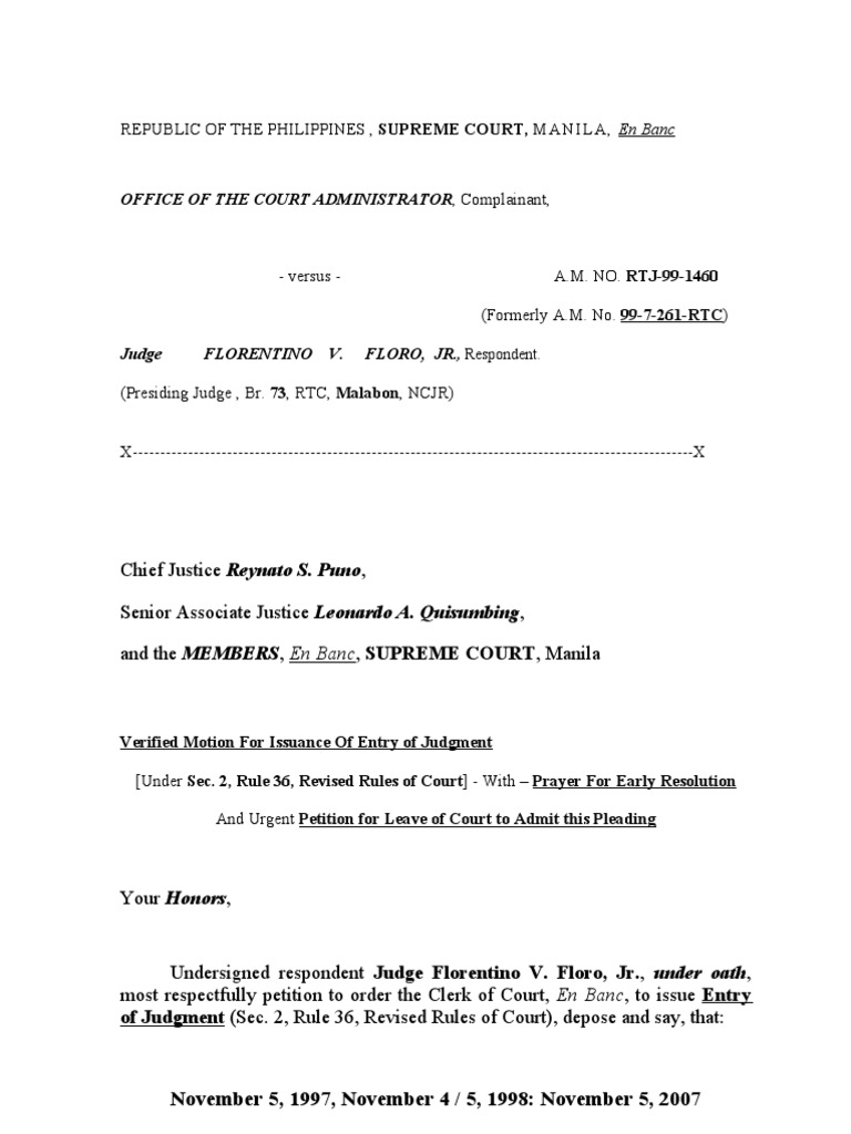 Verified Motion For Issuance Of Entry of Judgment | Judge | Judiciary ...