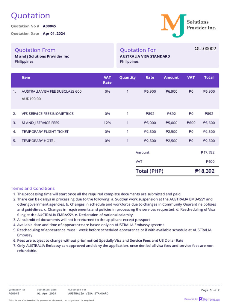 Quotation A00045 M and J Solutions Provider Inc Australia Visa Standard ...