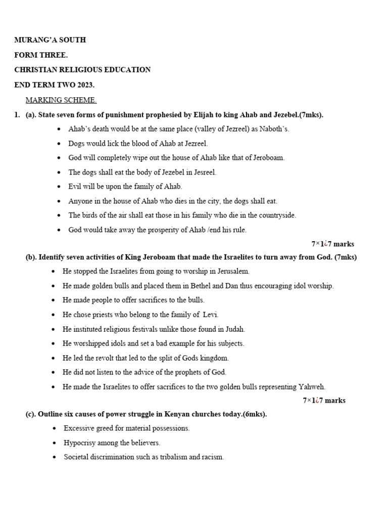 CRE Form 3 Term 2 2023 Marking Scheme | PDF | Jesus | Christian Church