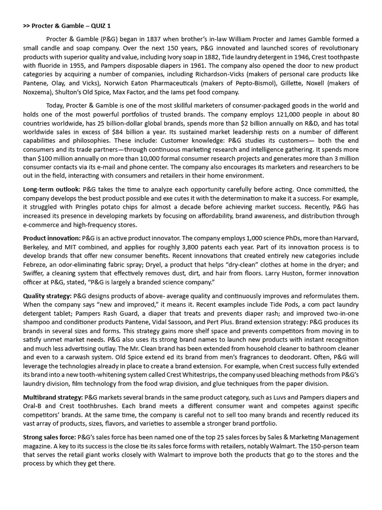 Procter Gamble QUIZ 1 | PDF | Procter & Gamble | Brand