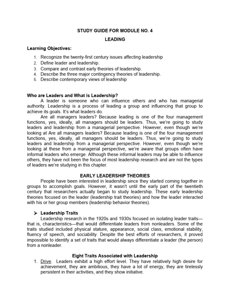 MGT 101 SG 4 LEADING | PDF | Leadership | Transformational Leadership