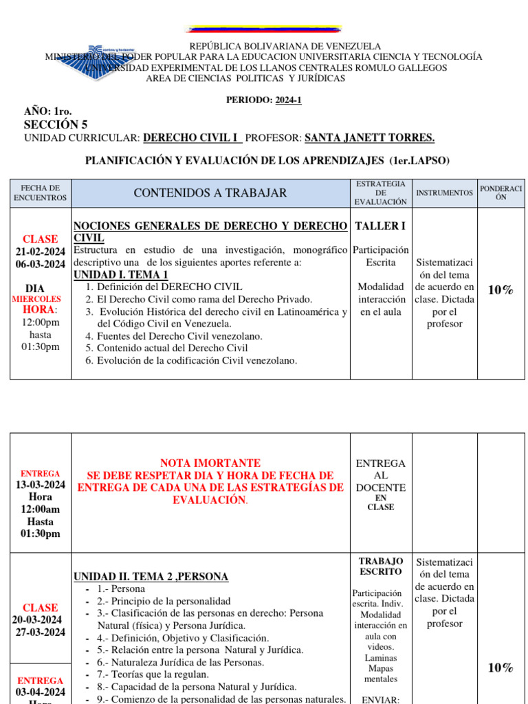 PLAN DE EVALUACION DERECHO CIVIL I ... 1ER. LAPSO AÑO 2024.ORIGINAL.S.4 y 5 | PDF | Venezuela ...