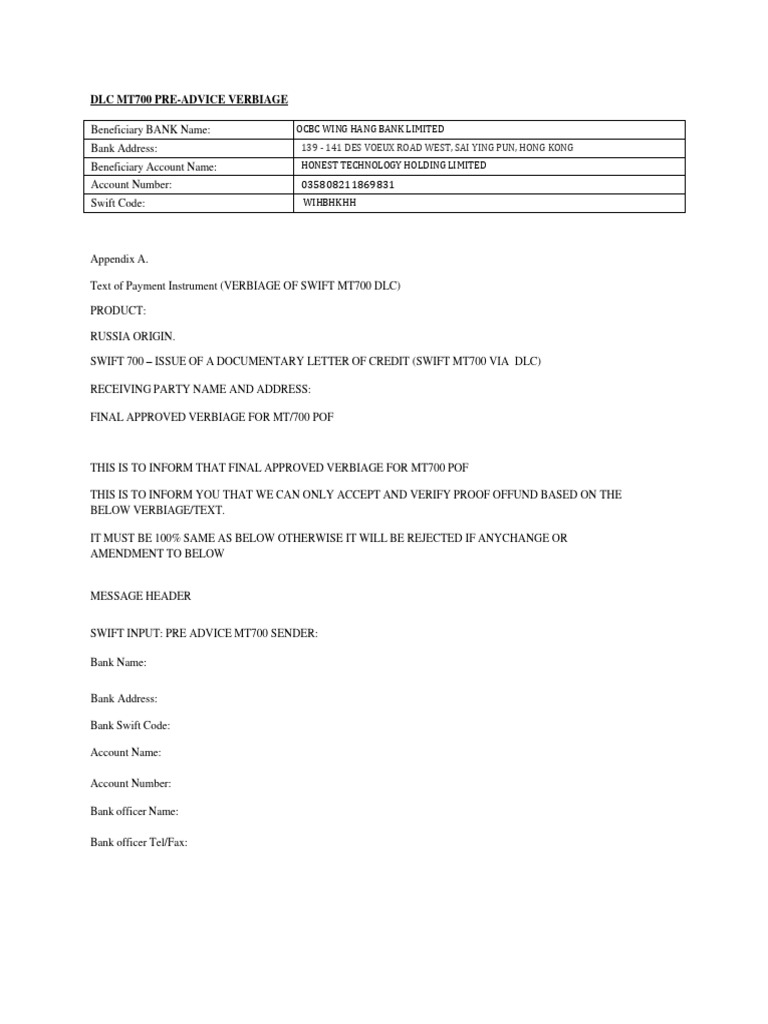 1 - DLC MT700 Pre-Advice Verbiage - ESPO | PDF | Letter Of Credit | Money
