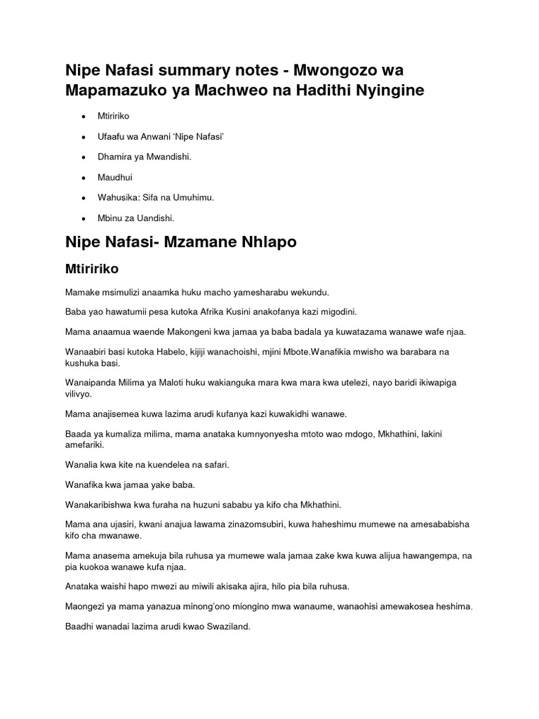 Nipe Nafasi Summary Notes Mwongozo Wa Mapamazuko Ya Machweo Na Hadithi ...
