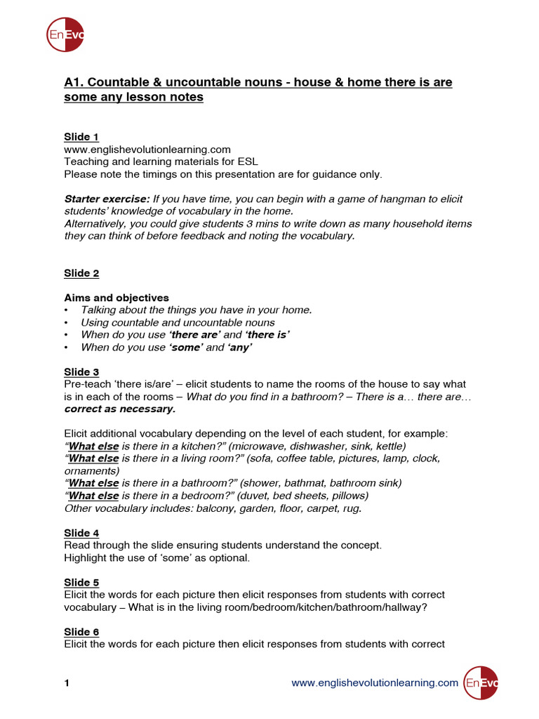 A1. Countable & Uncountable Nouns - House & Home There Is Are Some Any ...