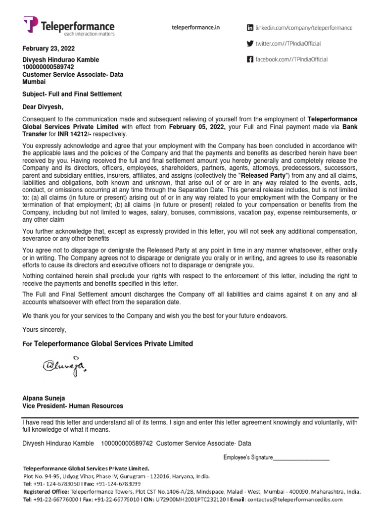 Full & Final Settlement Letter | PDF | Employment | Business