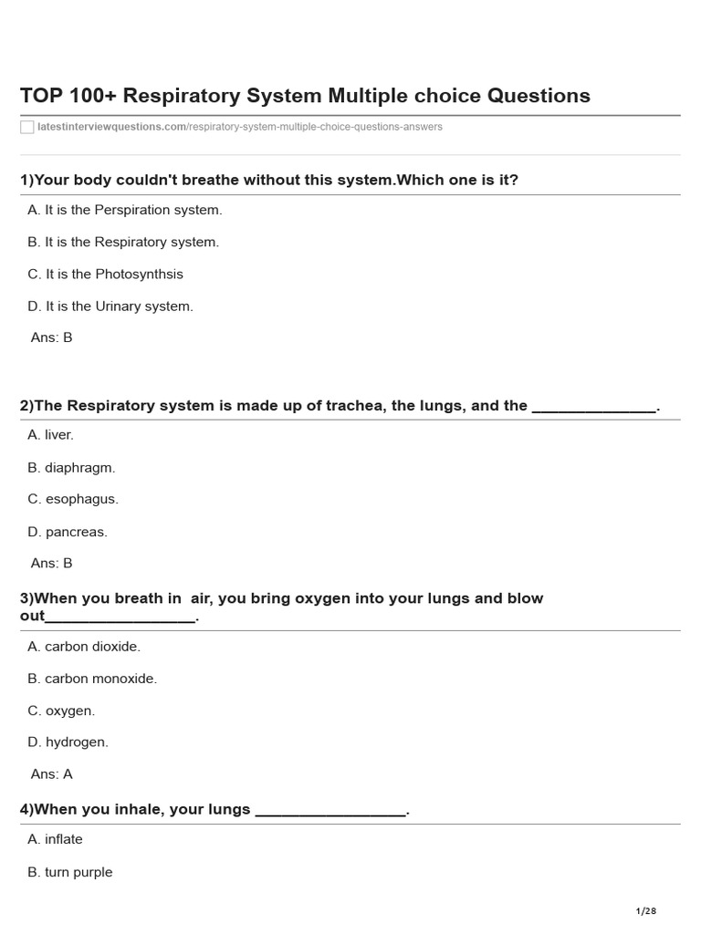 TOP 100 Respiratory System Multiple Choice Questions | PDF | Lung | Kidney