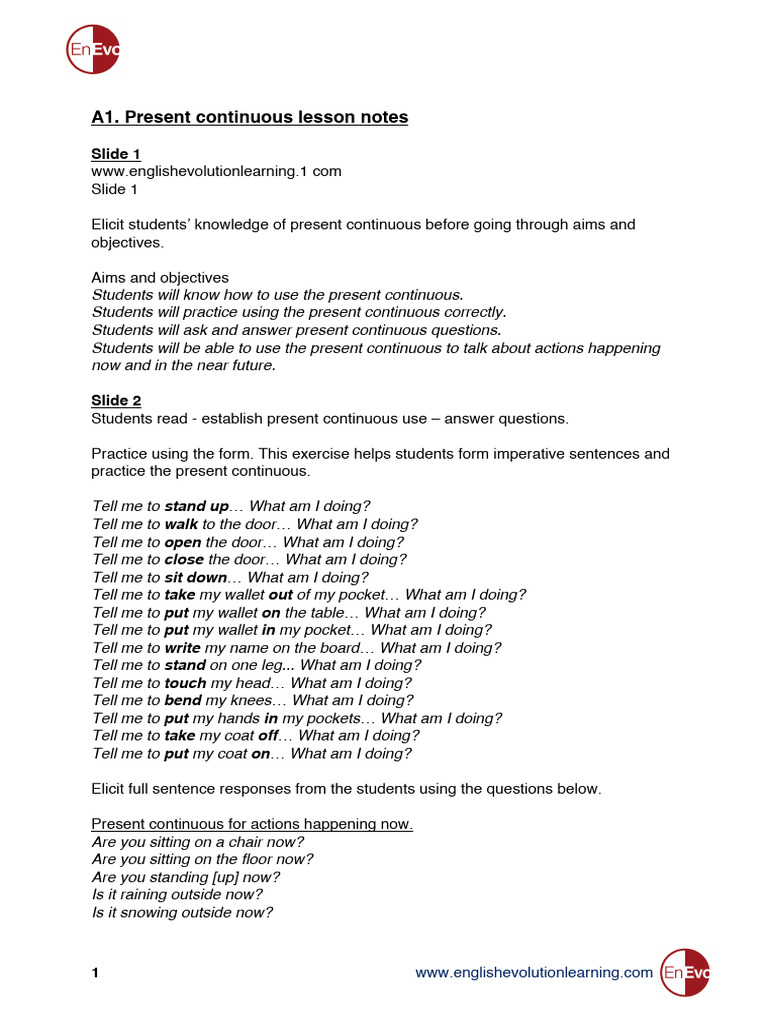 A1. Present Continuous Lesson Notes | PDF | Question