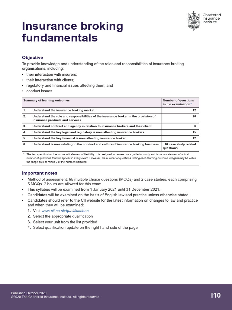 I10 Insurance Broking Fundamentals Examination Syllabus | PDF ...