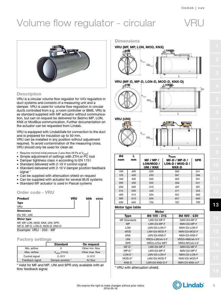 Clapete VAV LINDAB - Model VRU | PDF | Duct (Flow) | Flow Measurement