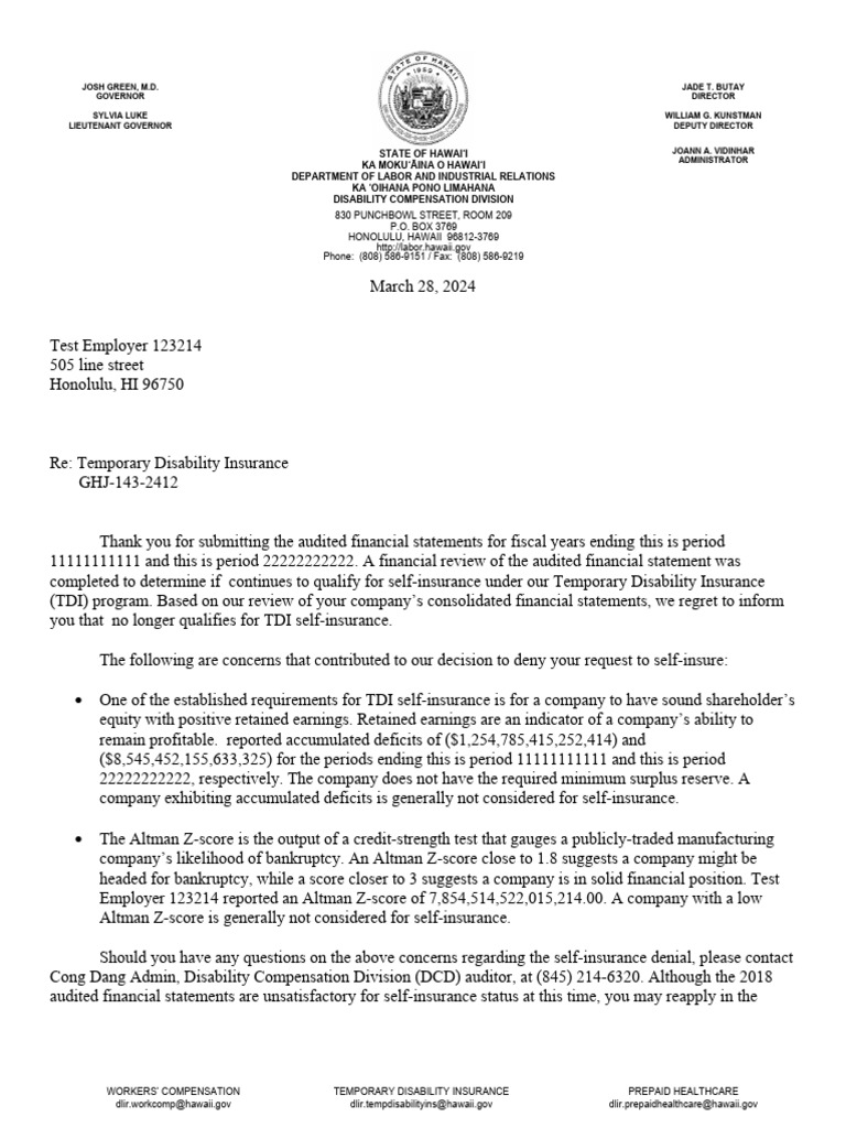 (TDI-Plan) Continuing TDI Self-Insurance Denial Letter ...