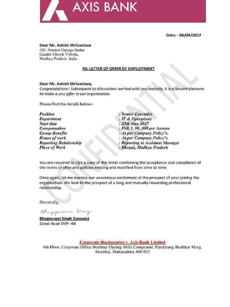 Axis Bank Joining Letter | PDF