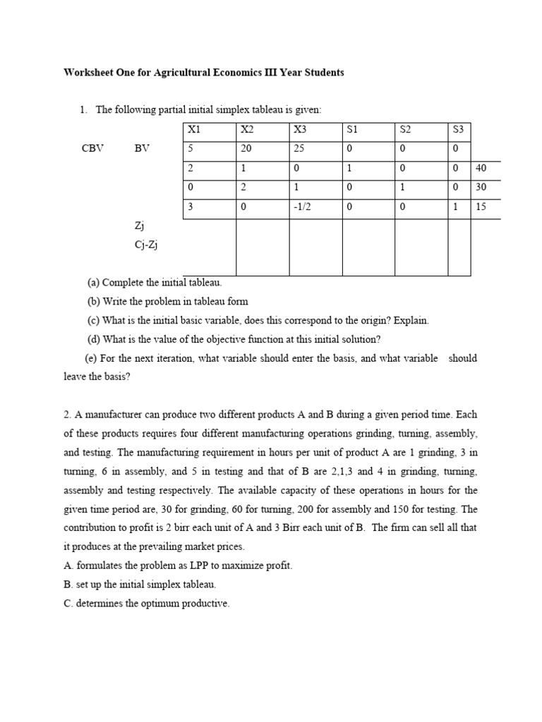 Worksheet One For Agricultural Economics III Year Students | PDF