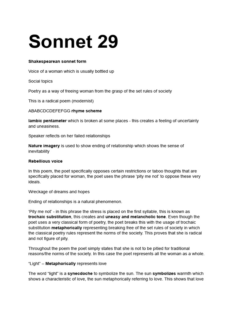 Sonnet 29 Analysis Notes | PDF | Poetry | Sonnets
