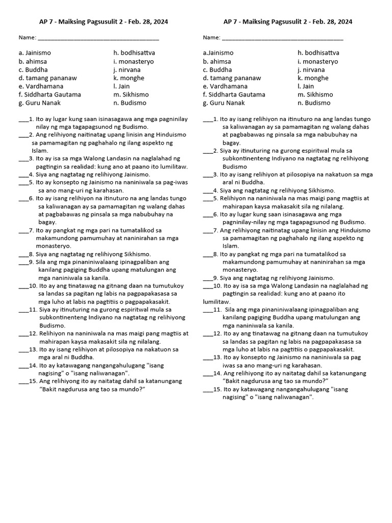 Araling Panlipunan 7 Quiz | PDF