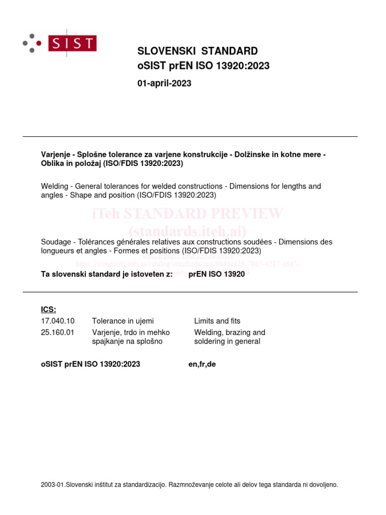 oSIST prEN ISO 13920 2023 | PDF | International Organization For ...