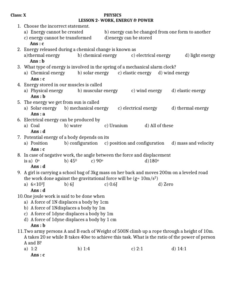 Physics Lesson 2 MCQ - Ans | PDF | Force | Potential Energy
