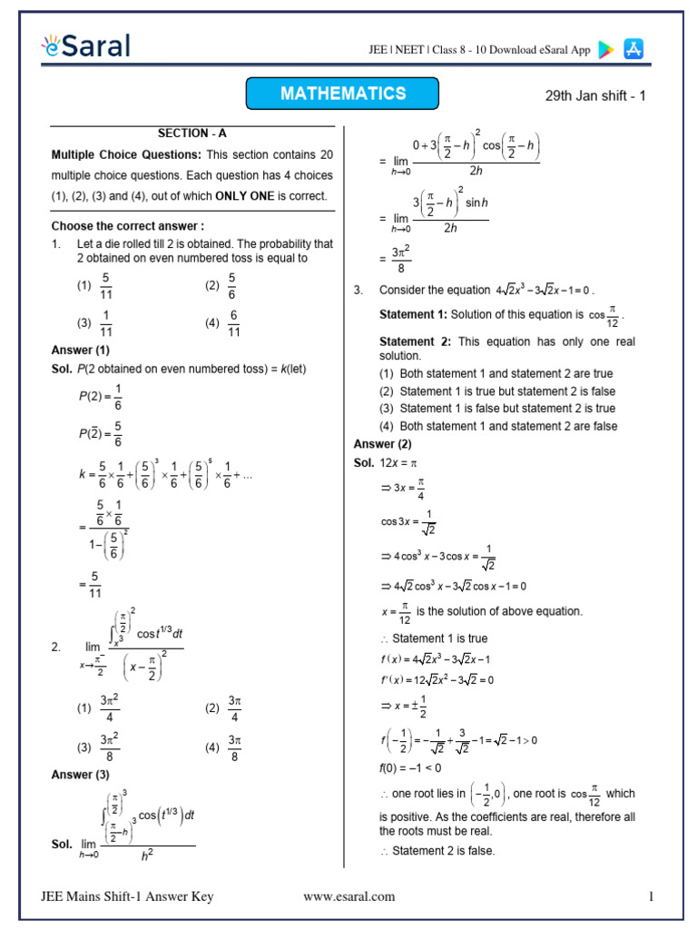 Maths JEE Mains 2024 Question Papers With Answer Key PDF | PDF ...