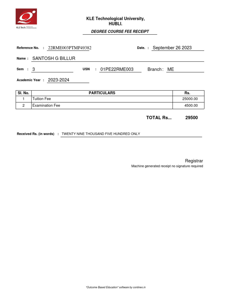 Degree Course Fee Receipt 2023-24 | PDF