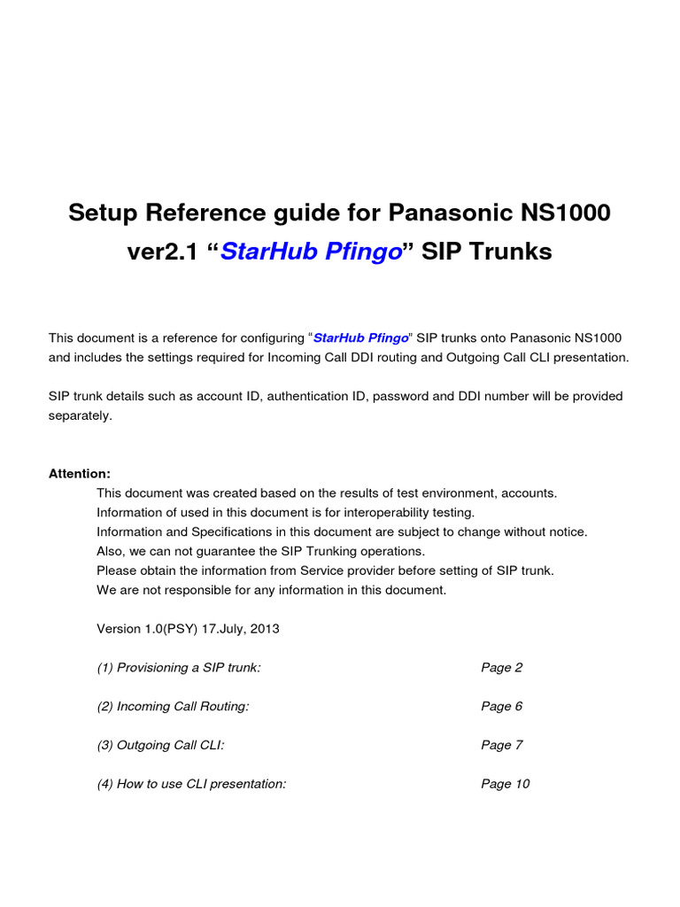 NS1000 SIP Trunk Setup Reference Guide For Pfingo | PDF | Session Initiation Protocol | Network ...