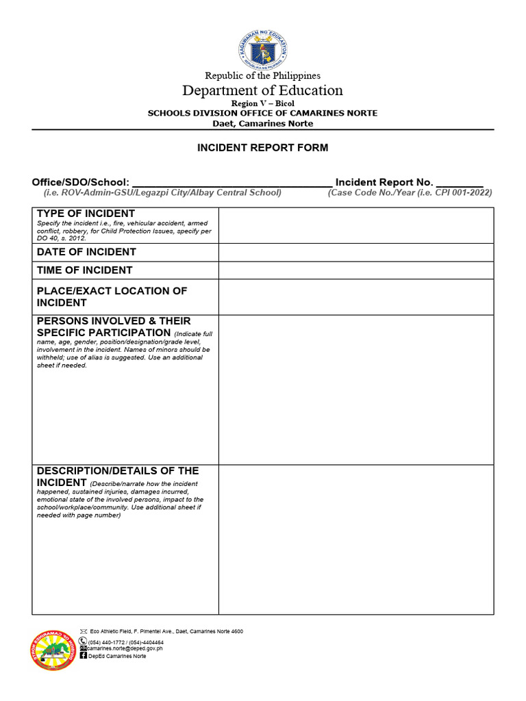 DepEd Camarines Norte Incident Report Form | PDF