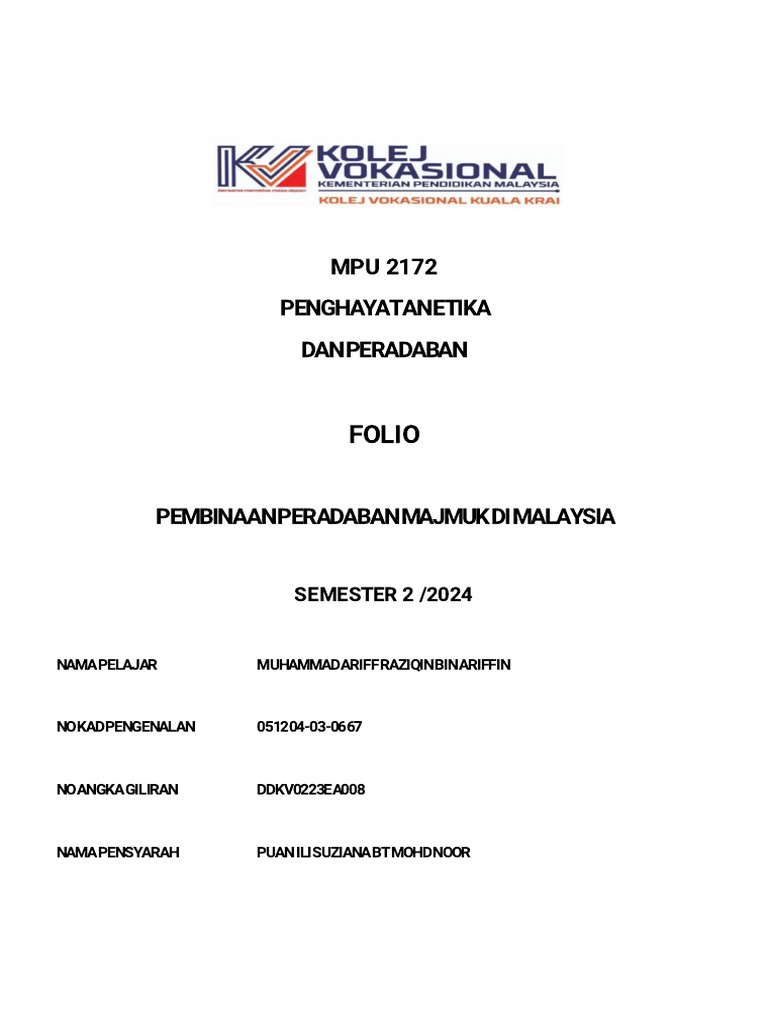 MPU 2172 Penghayatanetika Danperadaban: Folio | PDF