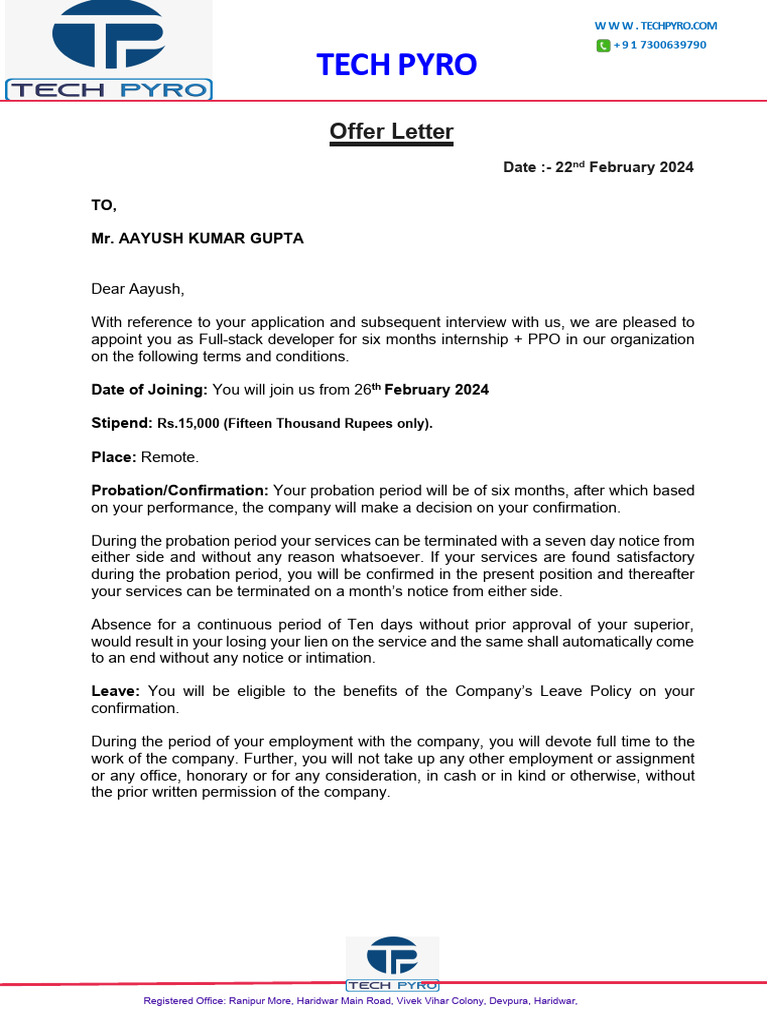 Ayush Kumar Offer Letter | PDF | Private Law | Common Law
