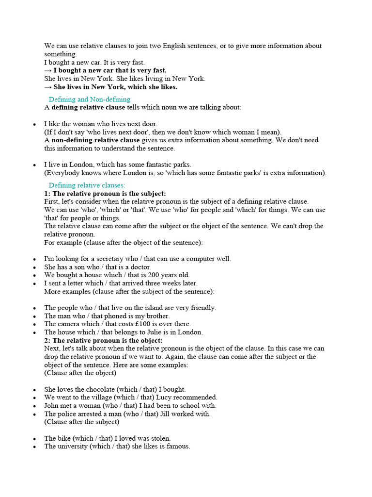 Relative Clauses | PDF | Subject (Grammar) | Pronoun