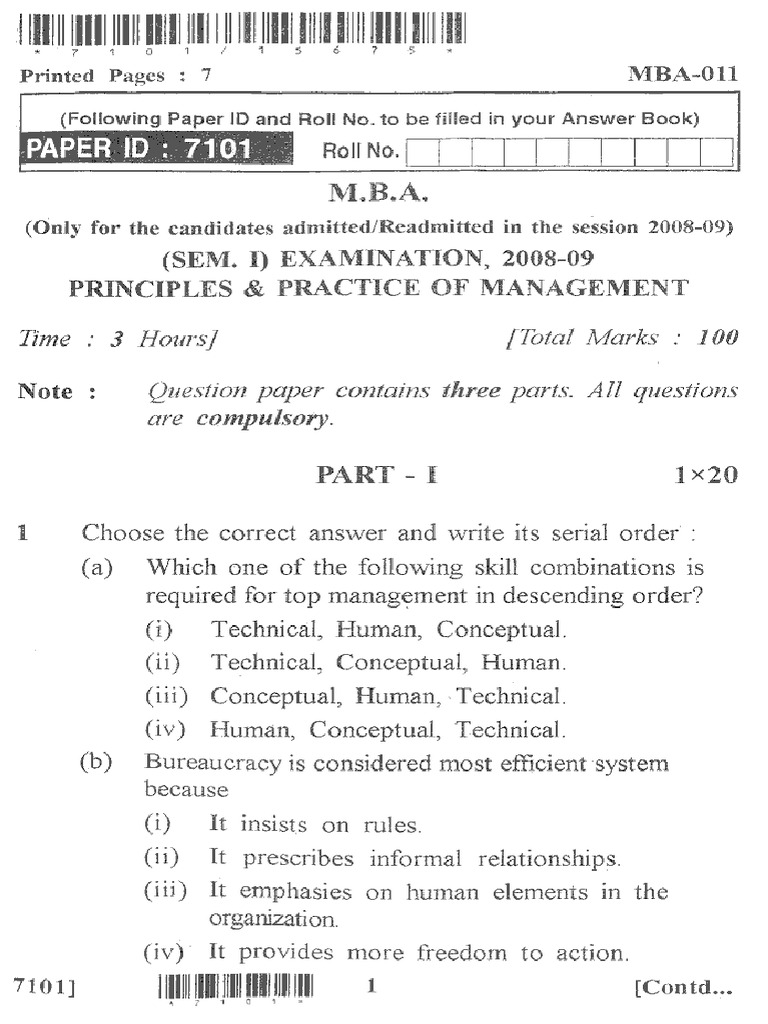 Mba 1 Sem Principles and Practice of Management Mba 011 2009 | PDF