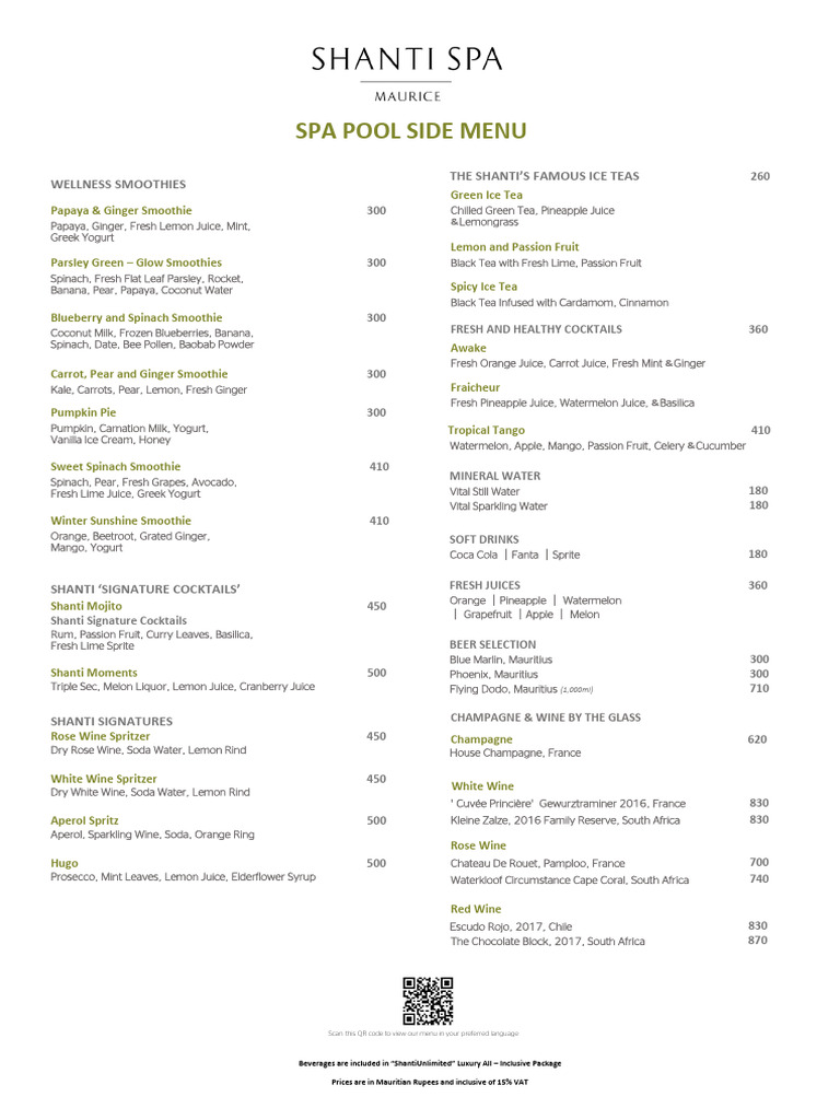 Shanti Maurice Resort Spa - Spa Pool - A La Carte Lunch Beverage Menu ...
