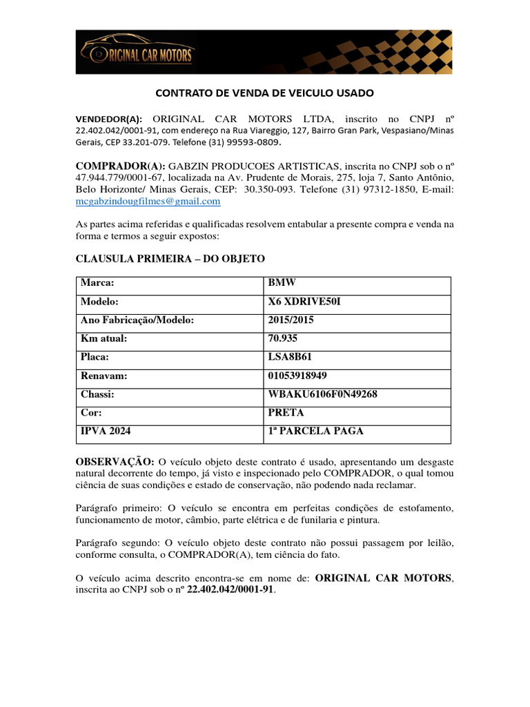 Contrato de Venda de Veiculo Usado - Original Car - X6 | PDF