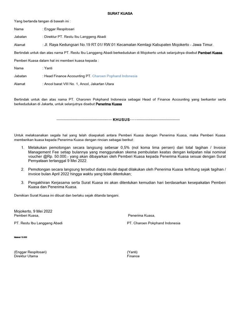 6 - Surat Kuasa & Pernyataan Dukuan PT. RILA (CPI&CPJF) | PDF