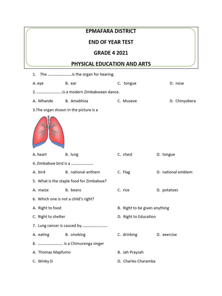 Grade 4 PE and Arts End-Year Test 2021 | PDF | Foods