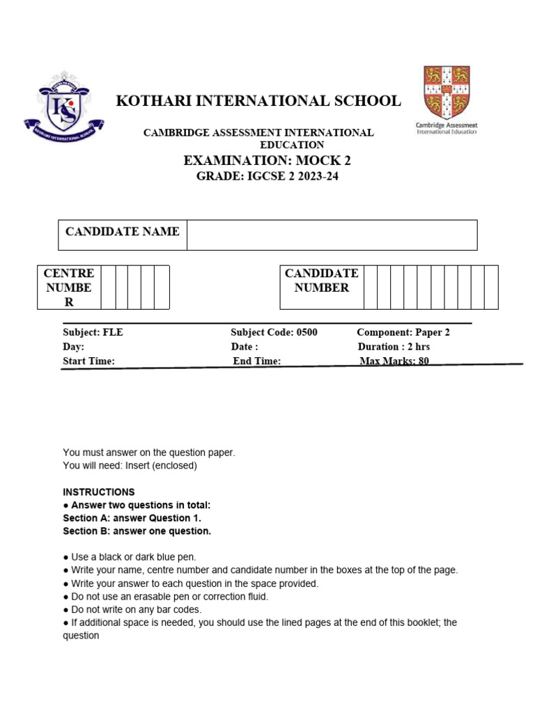 IGCSE 2023-24 Mock Exam Paper 2 | PDF | Cognition | Human Communication