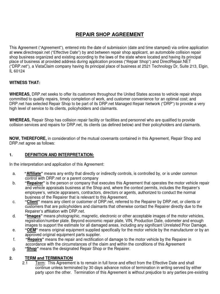 Repair Shop Agreement | PDF | Liability Insurance | Indemnity