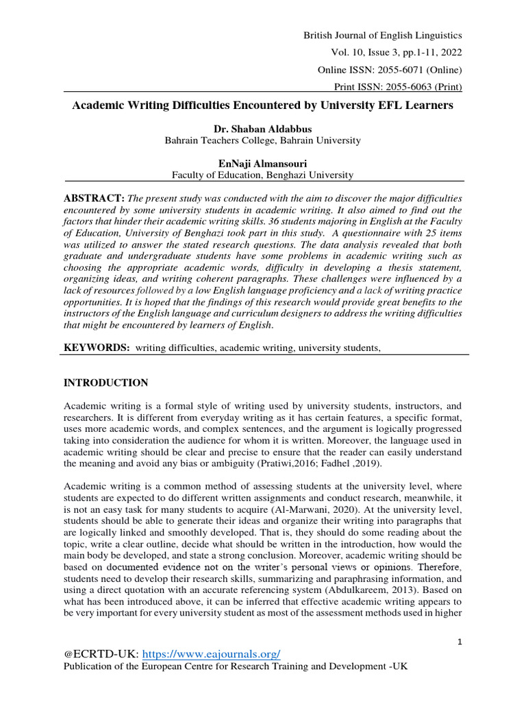 EFL Learners' Academic Writing Challenges | PDF | English As A Second ...