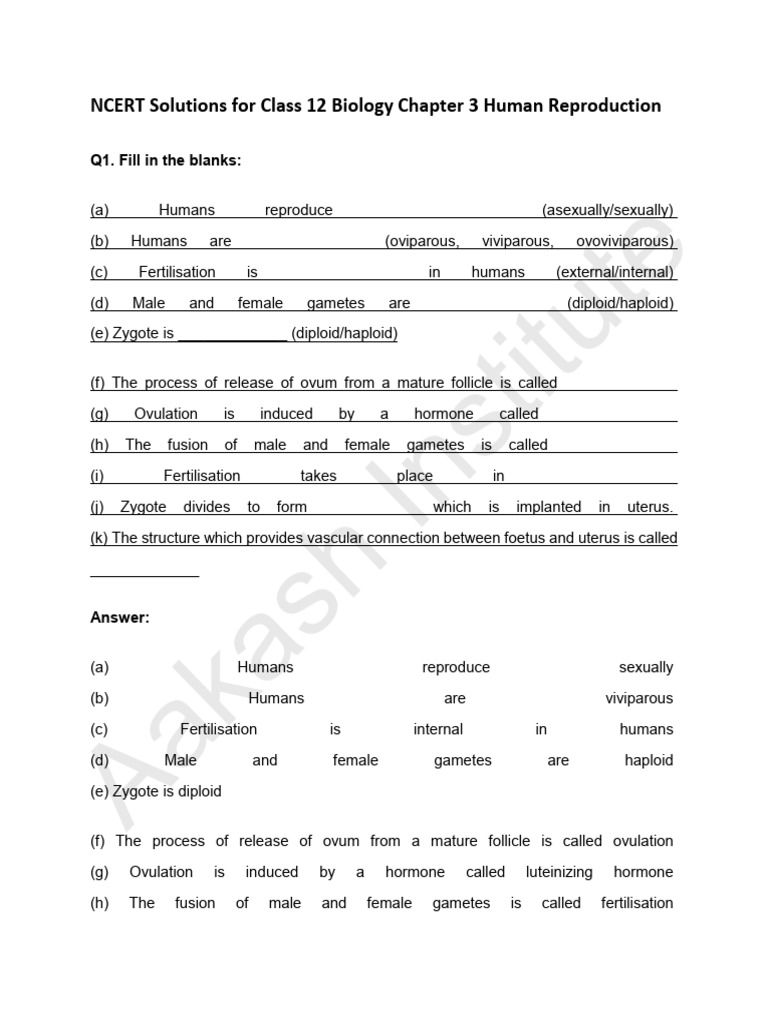 Ncert Solutions Class 12 Biology Chapter 3 Human Reproduction | PDF | Menstrual Cycle ...