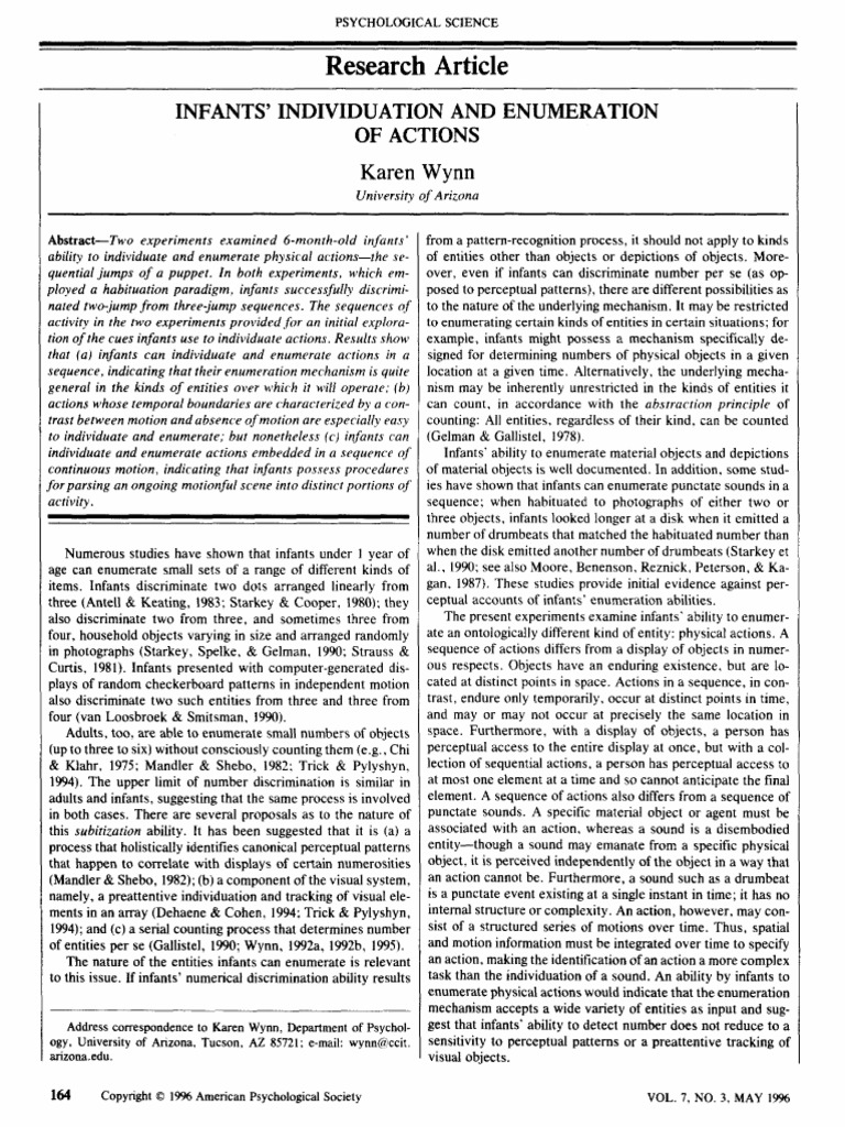 INFANTS' INDIVIDUATION AND ENUMERATION OF ACTIONS Karen Wynn | PDF | Perception | Neuroscience