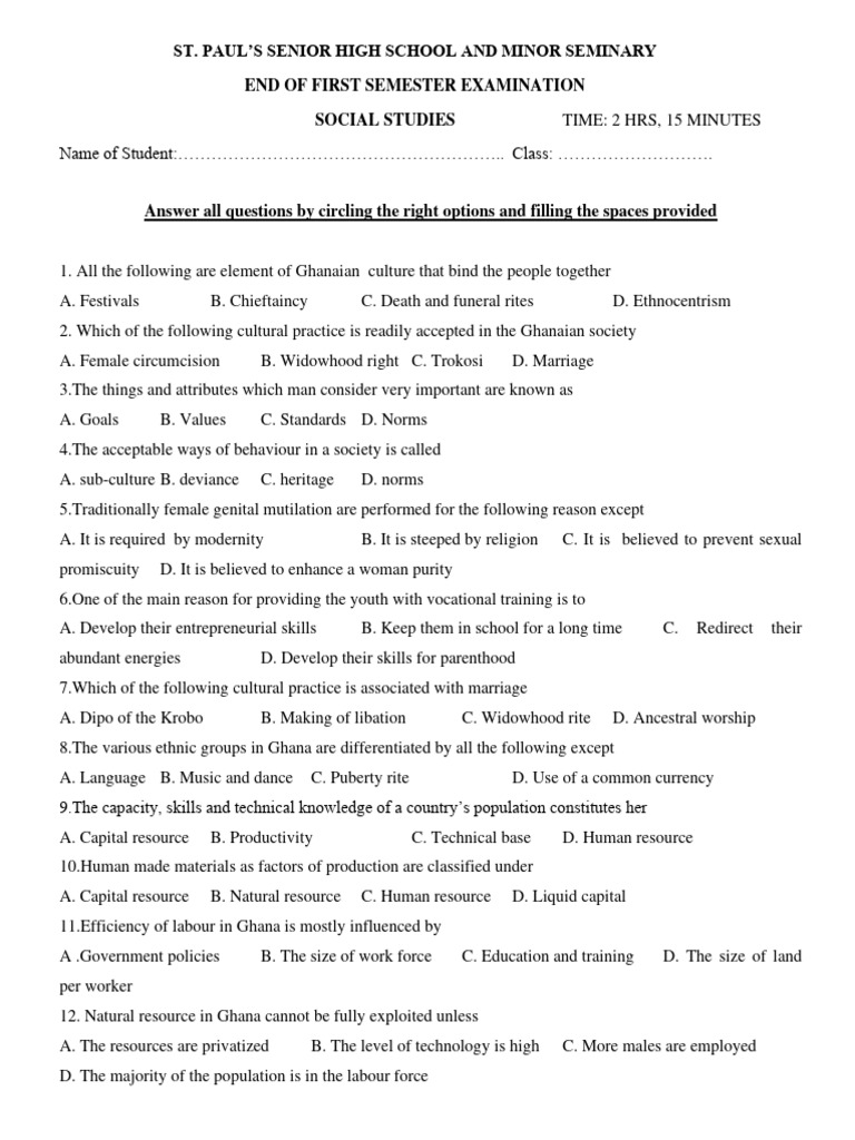 Social Studies Exam Paper for SHS | PDF | Ghana | Resource