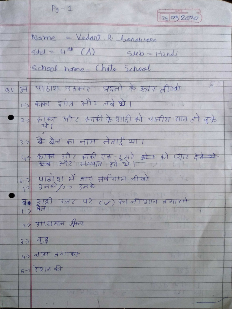 Vedant R. Sonawane Hindi Answer Sheet | PDF