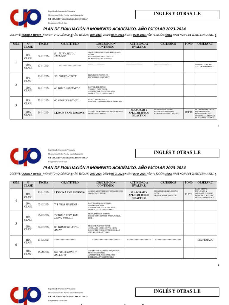 Planificacion de Ingles 3ro A | PDF