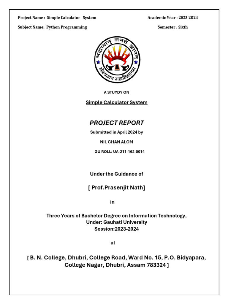 Micro Project Simple Calculator System Python Pdf Class Computer Programming Python