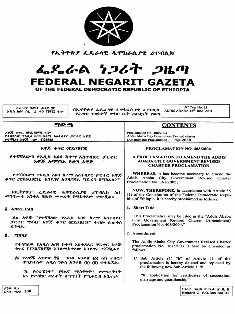 Addis Ababa City Charter Amendment 2004 | PDF | Government | Public Law
