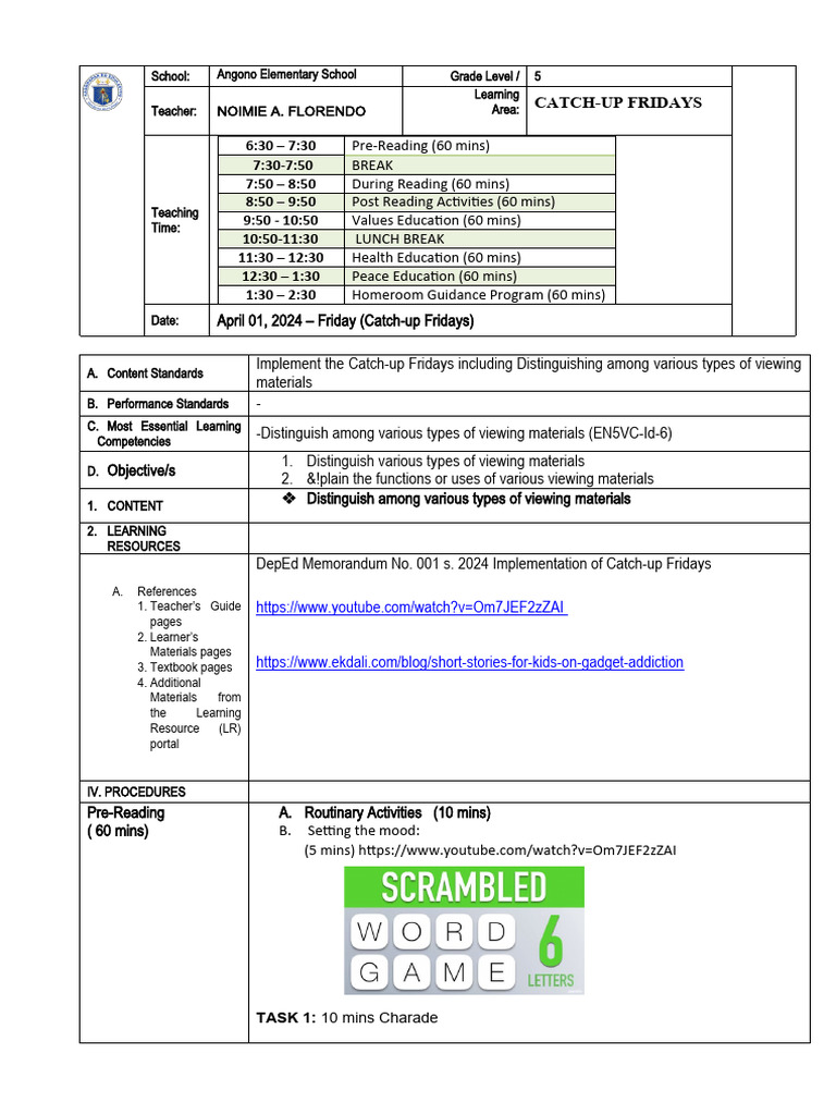 English5 DLL Catch Up Fridays - April 01 | PDF | Learning | Cognition