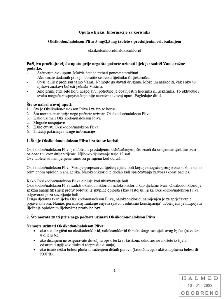Oksikodon Nalokson Pliva 5 MG 25 MG Tablete S Produljenim Oslobaanjem ...