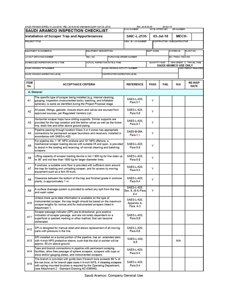 Saudi Aramco Inspection Checklist: Installation of Scraper Trap and ...