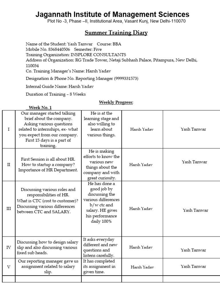 Summer Training Diary: Yash Tanwar's Experience | PDF | Taxes | Life ...