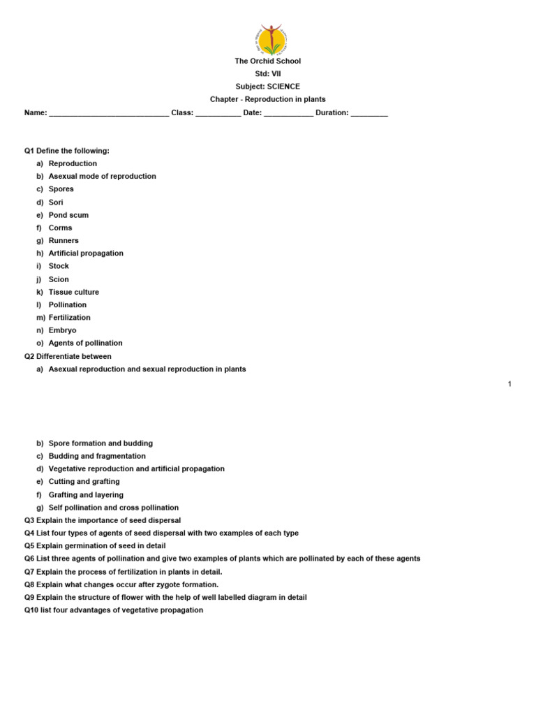 Reproduction in Plants Final Exam Revision Worksheet | PDF
