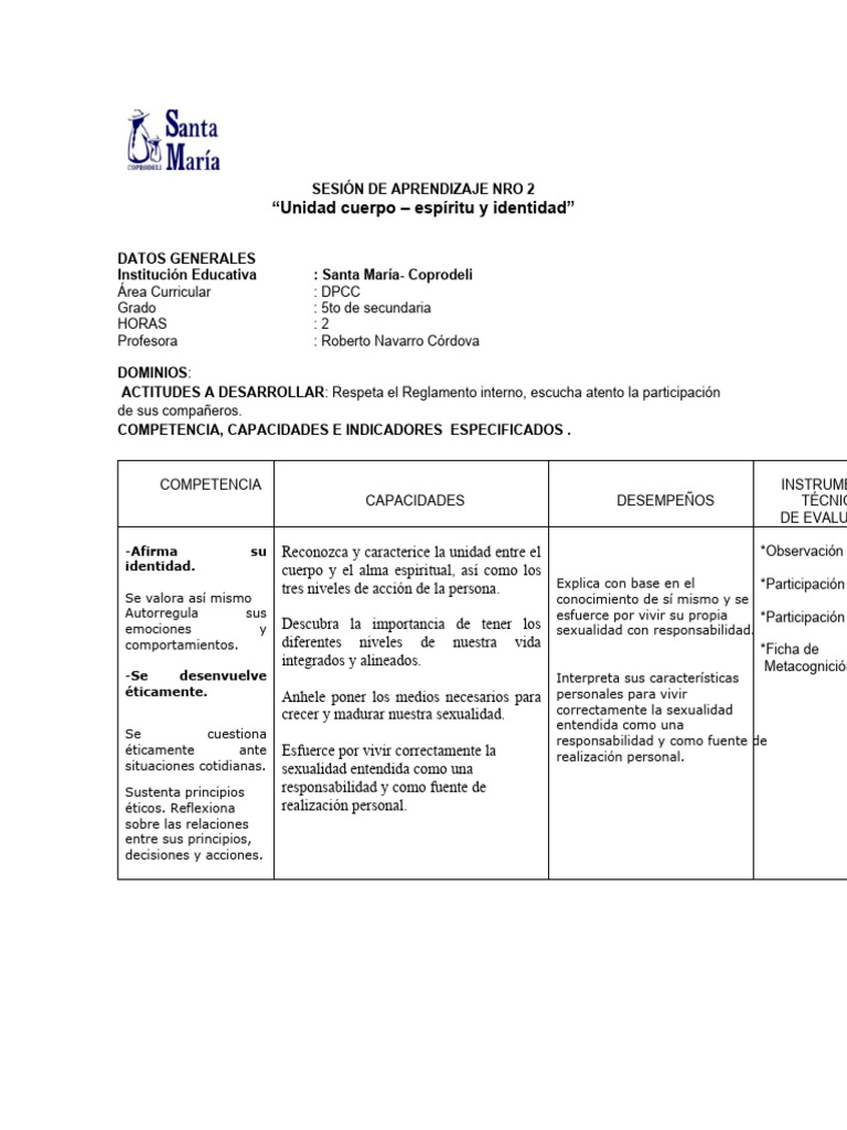 5to de Secund SESIÓN DE APRENDIZAJE NRO 2 2024 DPCC | PDF ...