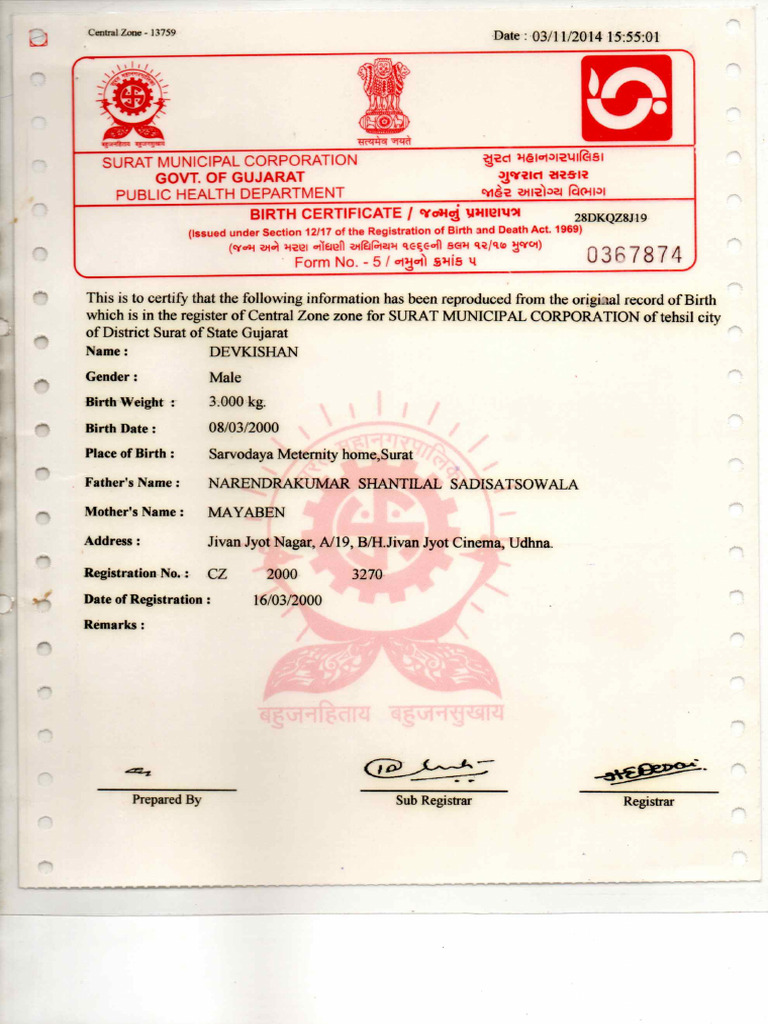 Devkishan Birth Certificate | PDF
